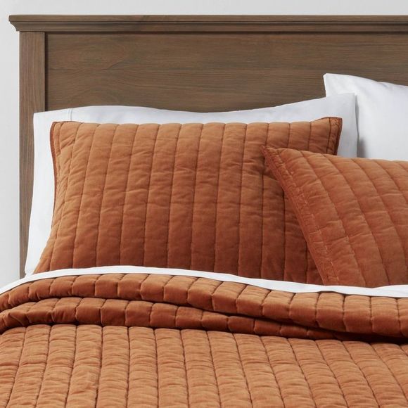Threshold | Bedding | Fullqueen Channel Stitch Velvet Quilt Caramel ...
